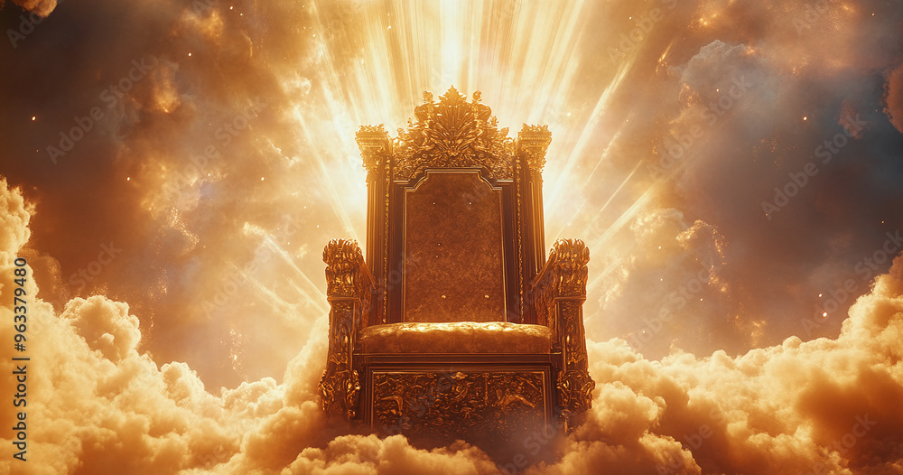 empty throne in the clouds with rays emanating from it, a godlike light ...