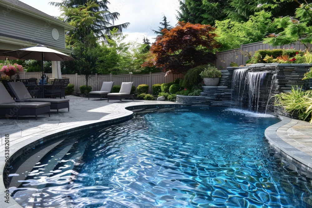 Beautiful backyard pool with blue water, stone wall, and decorative ...