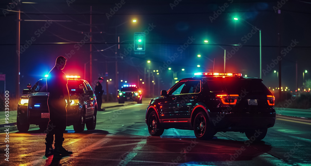 A police officer stands near patrol cars on a misty street at night ...