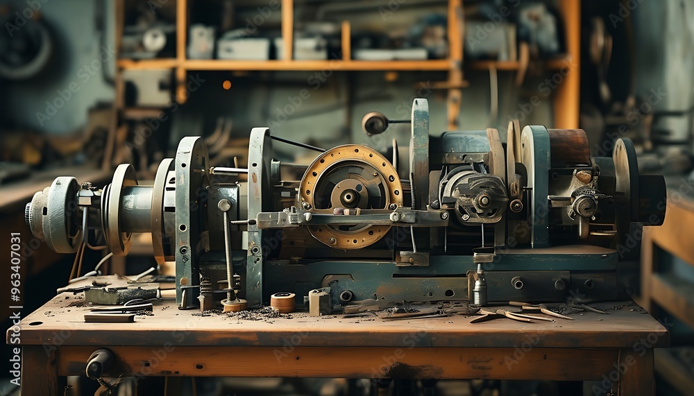 Ancient mechanical devices and parts are intertwined in the dim studio ...