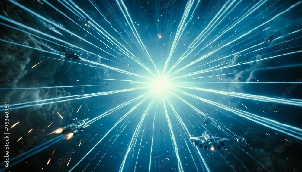 An epic space battle scene featuring advanced fighter jets heading ...