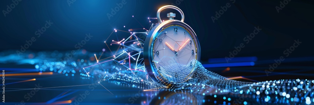 Digital stopwatch clock in low poly wireframe, smart timing technology ...