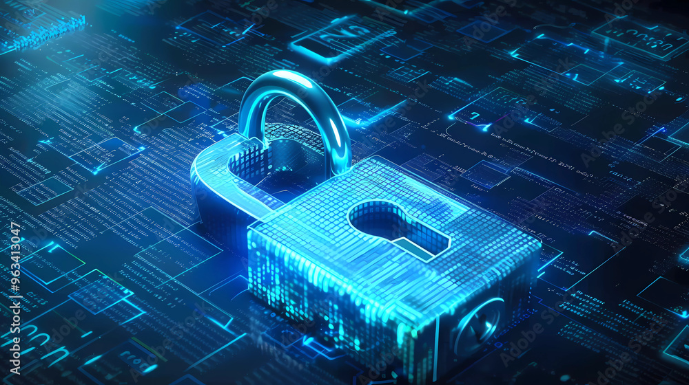 digital and futuristic cyber security. Central to the image is a ...