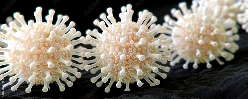 Close up of a chain of coronavirus particles, revealing their spiky ...