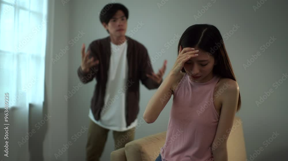 Stressed asian couple arguing with bad relationship at home, young ...
