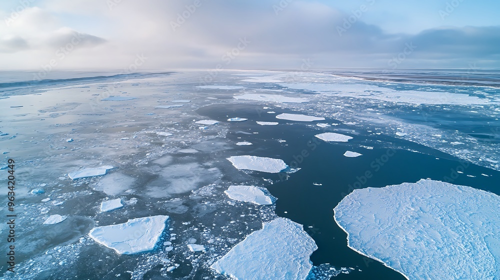Aerial view of shrinking polar ice with vast expanses of open water ...