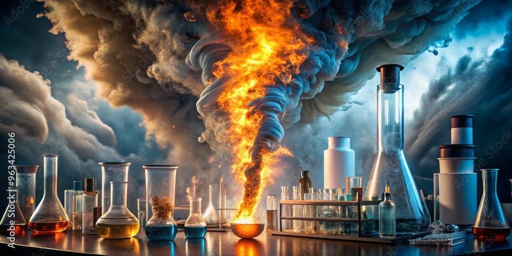Laboratory Firestorm A Whirlwind of Flames and Smoke Engulfs Glassware ...