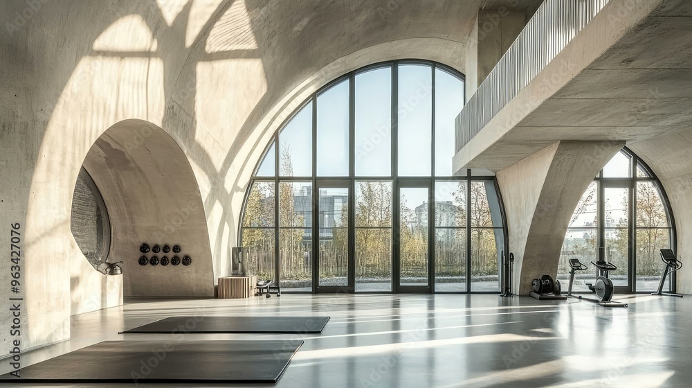 Entrance lobby and gym with rounded concrete elements, large windows ...