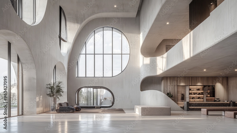 Entrance lobby and gym with rounded concrete elements, large windows ...