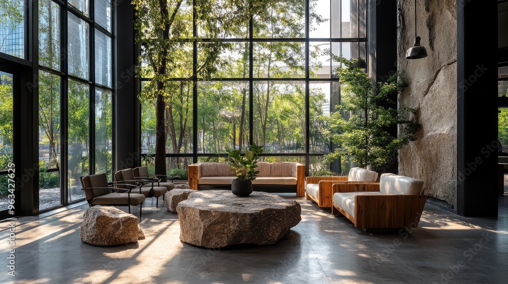 Stylish office lobby featuring rough stone slabs, wooden armchairs, and ...