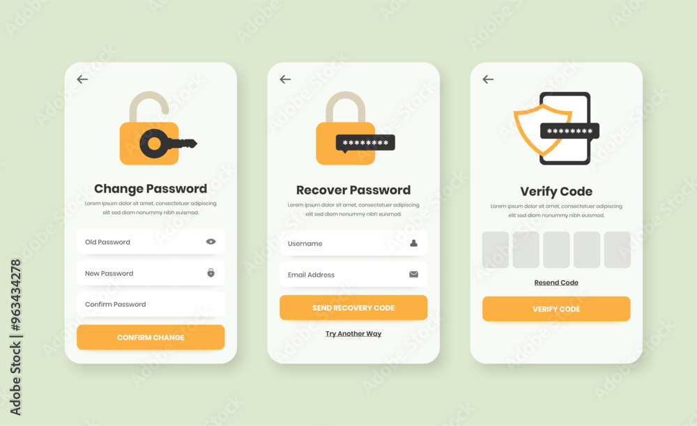 Password change, recover and verification mobile app ui elements design ...