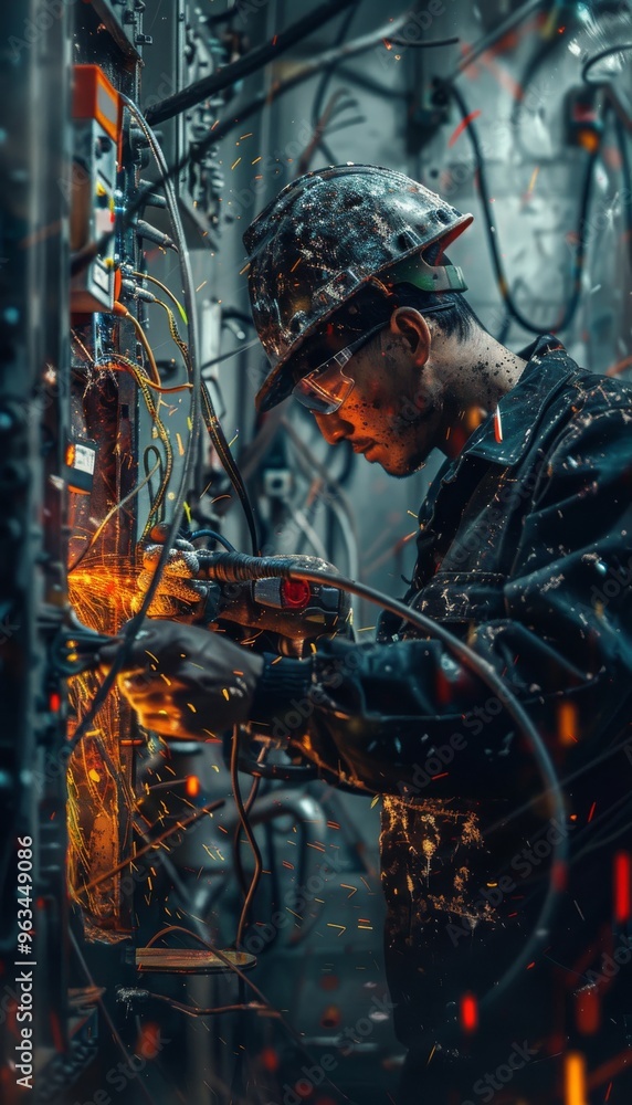 Electrical engineer repairing an electrical panel with a drill ...