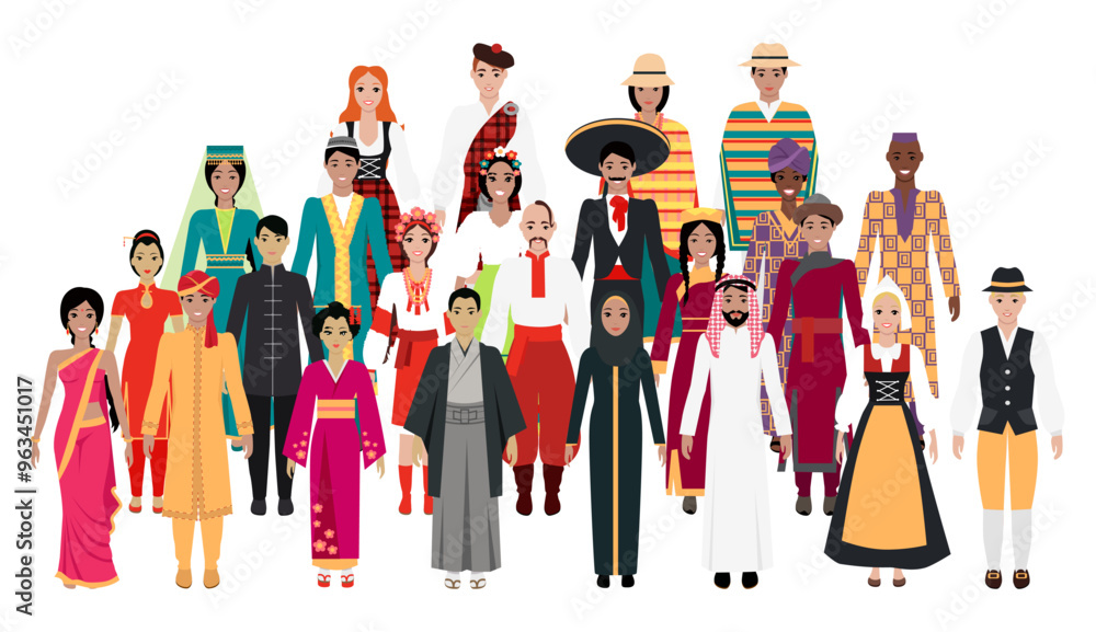 Illustration showing diverse people in colorful traditional clothing ...
