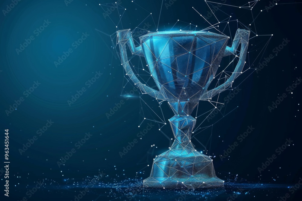 Digital blue trophy cup in low poly wireframe, smart award management ...