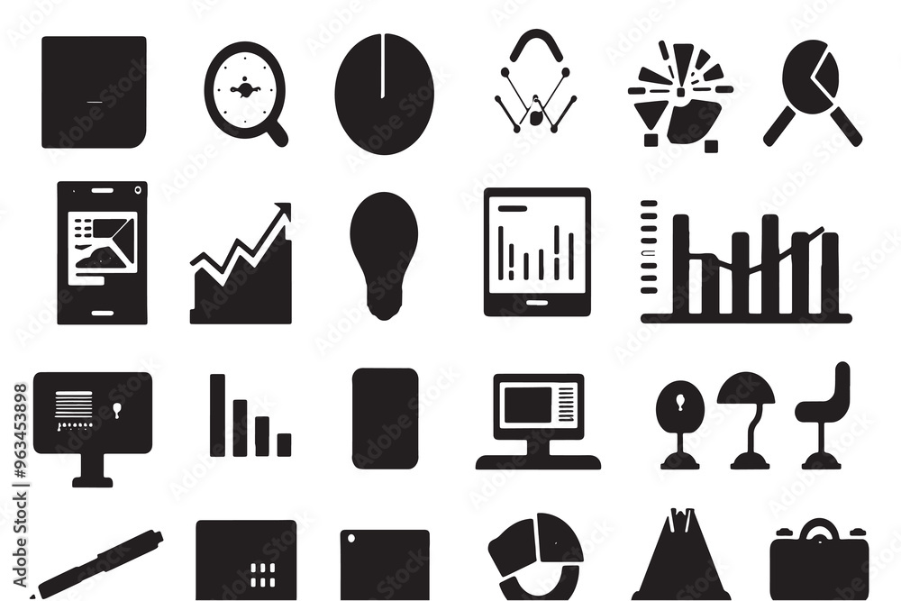 Set of business and data analysis icons including graphs, charts ...