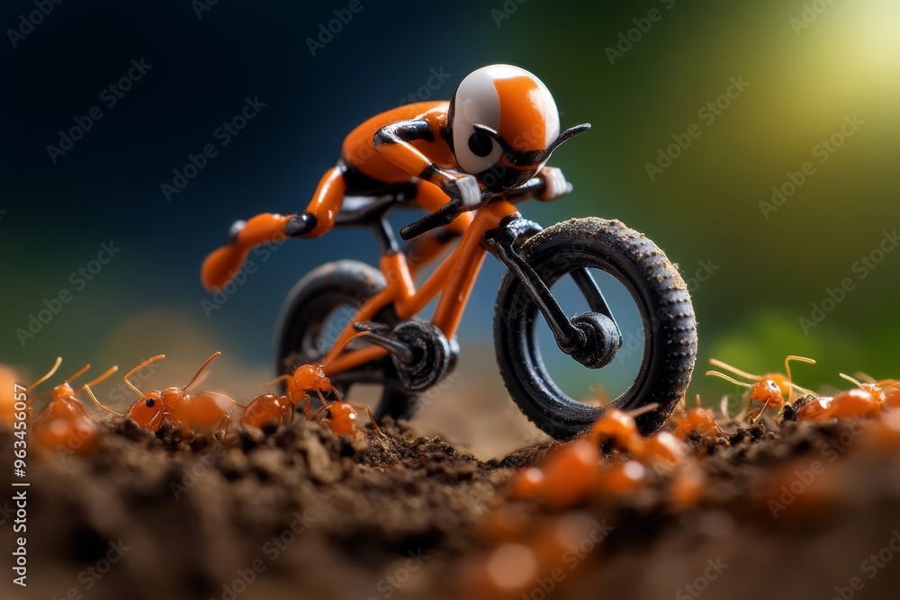 Ant on a miniature bike, racing through a bustling anthill with ...