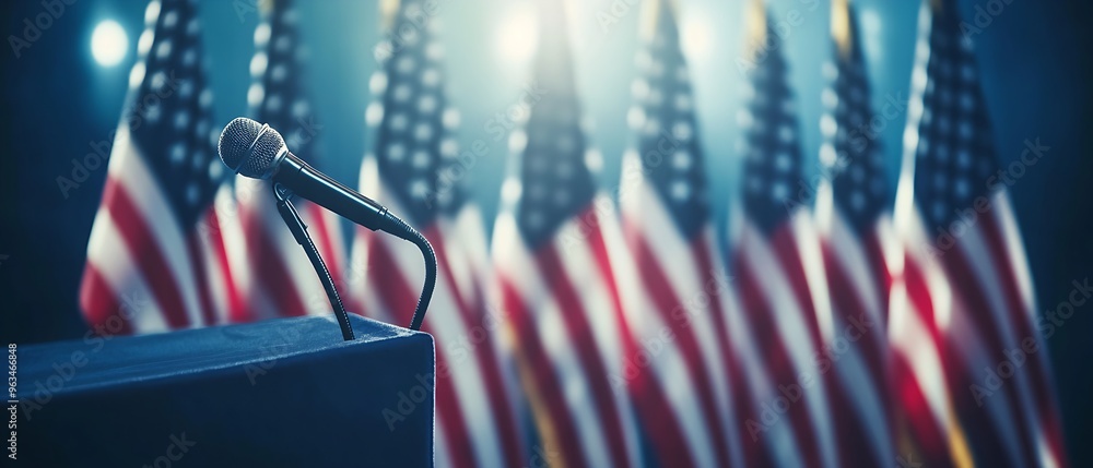 political stage podium and microphone, American flags in dimly lit ...