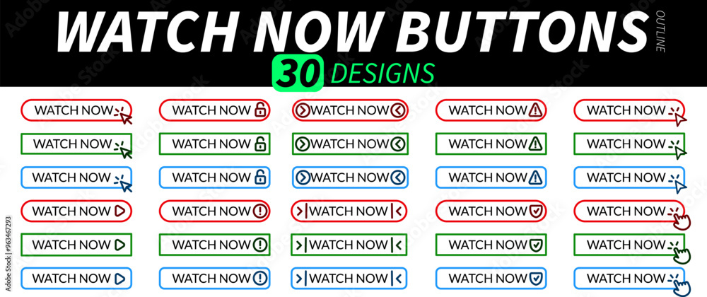 Complete set of professional watch now buttons with hand pointer, arrow pointer and other ...