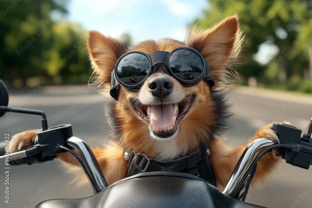 Dog with aviator goggles on a motorcycle, tail wagging as it zooms ...