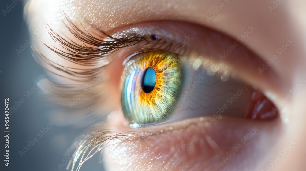 A captivating close-up photo of a human eye featuring a vibrant rainbow ...