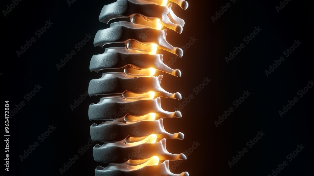 A close-up of a human spine, illuminated from within, highlighting the ...