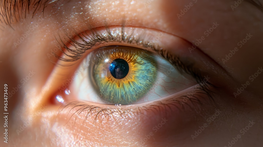 A close-up photograph of a human eye with a vibrant rainbow iris ...