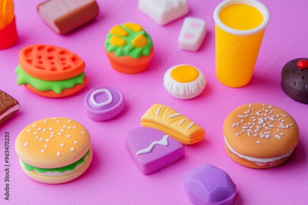 A collection of adorable miniature fast food erasers, including burgers ...