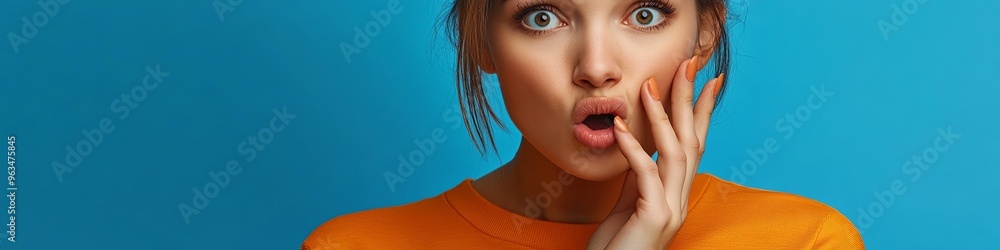 Oops. Close up photo of sad scared lady in horror facial expression ...