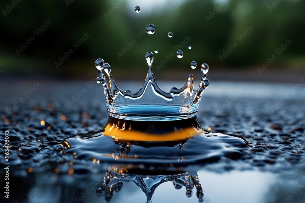Macro photo of a raindrop falling into a puddle, splash frozen in time ...
