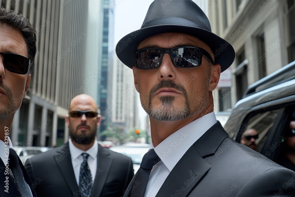 Mafia bodyguards flanking the don, ever-watchful as they escort him ...