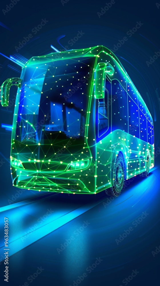 Digital green high-speed bus in low poly wireframe, the future of ...