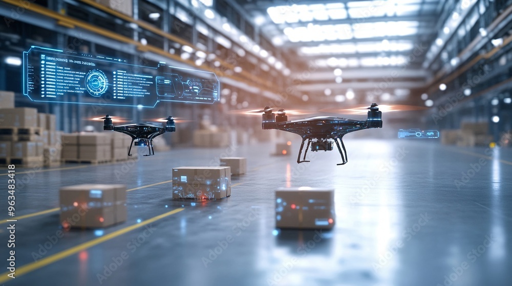 High-tech IoT-enabled drones scanning packages in a logistics warehouse ...