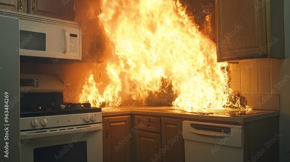 A raging fire consumes a kitchen interior, the flames engulfing the ...
