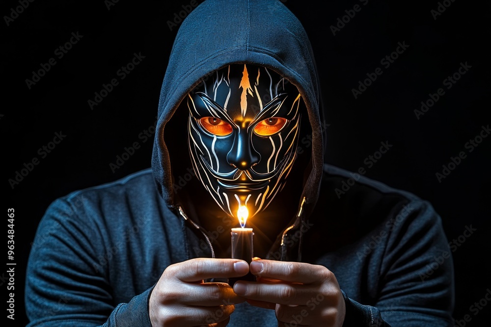 Masked man sitting alone in a dark room the glow of a single candle ...