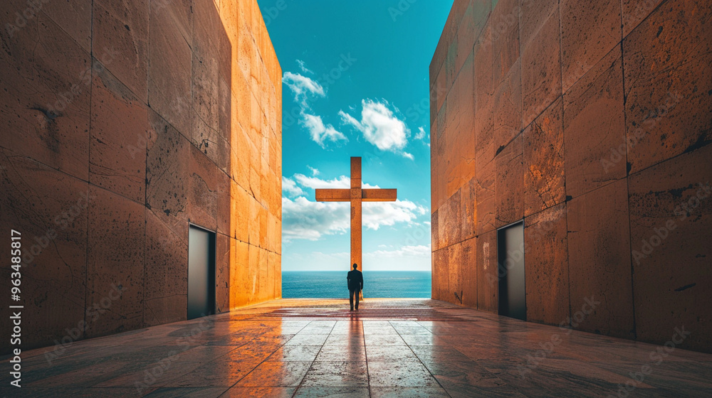Ancient stone wall, blue sky, white crucifix, religious symbol, faith ...
