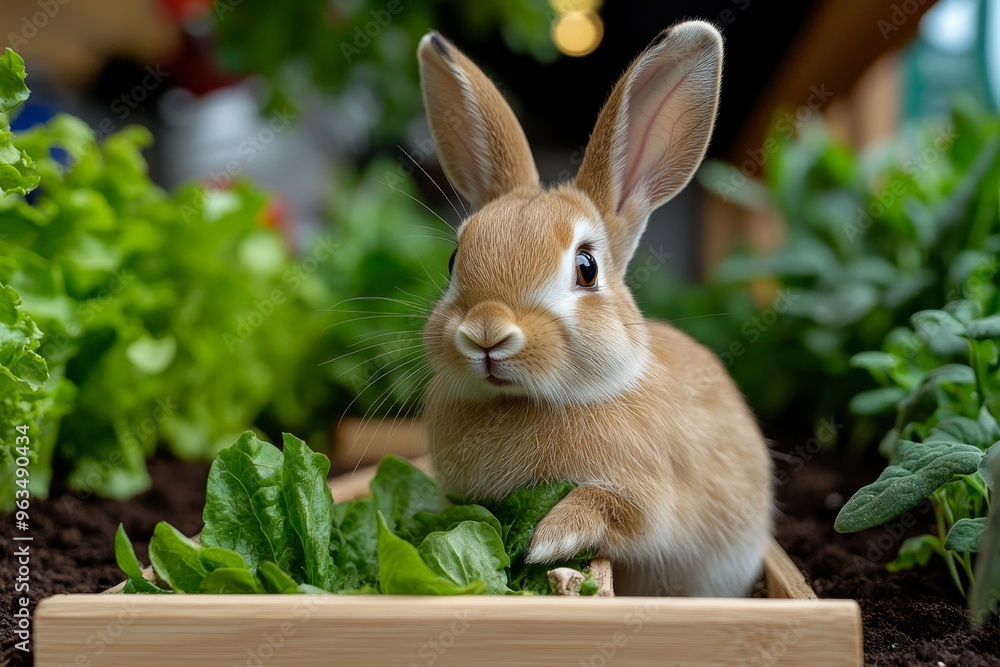Rabbit standing at the edge of a garden, tempted by fresh vegetables as ...