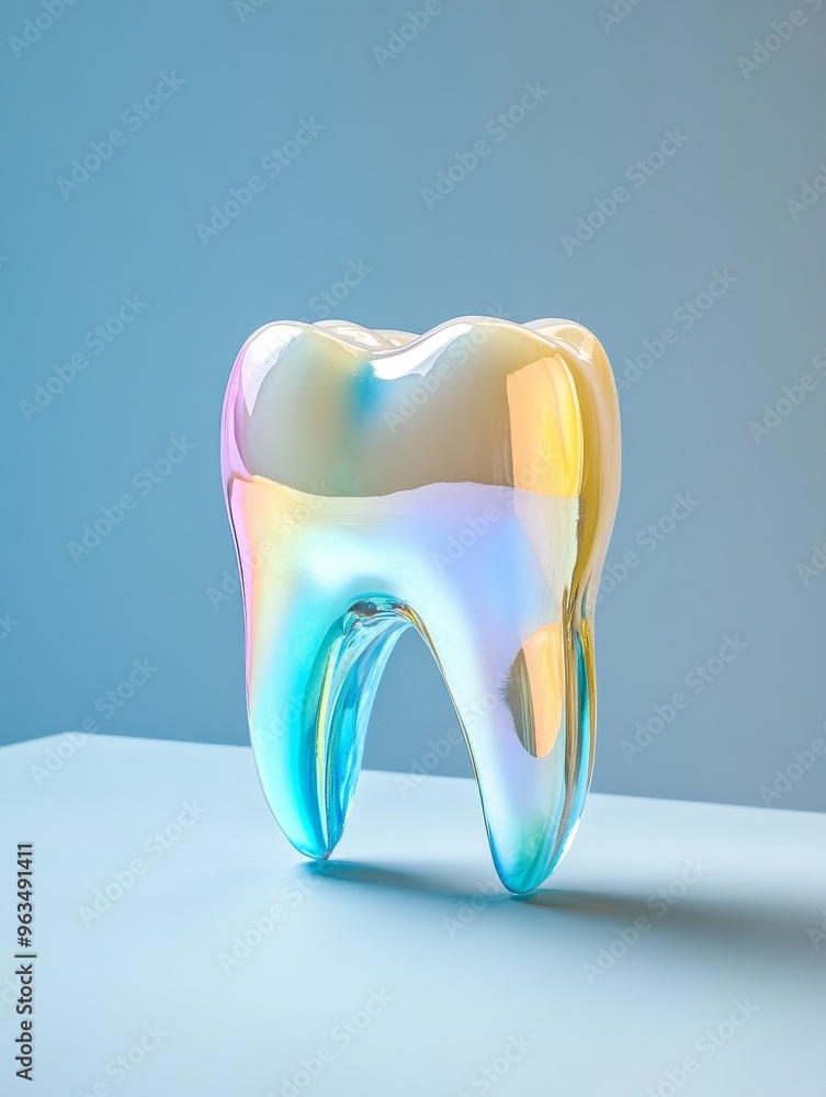 A vibrant and glossy tooth model showcasing iridescence, symbolizing ...