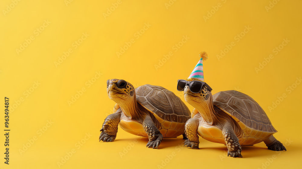 Two adorable turtles wearing party hats and sunglasses are celebrating ...