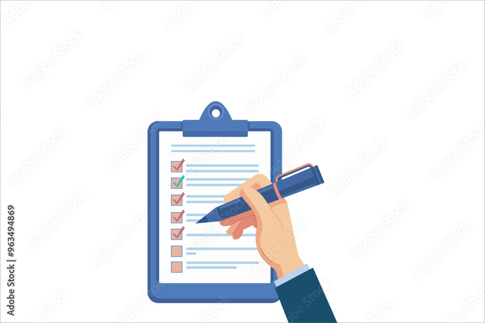 Checklist on clipboard vector illustration. Businessman doing check ...