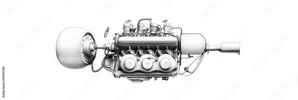 A detailed illustration of a V8 engine, showcasing its internal ...