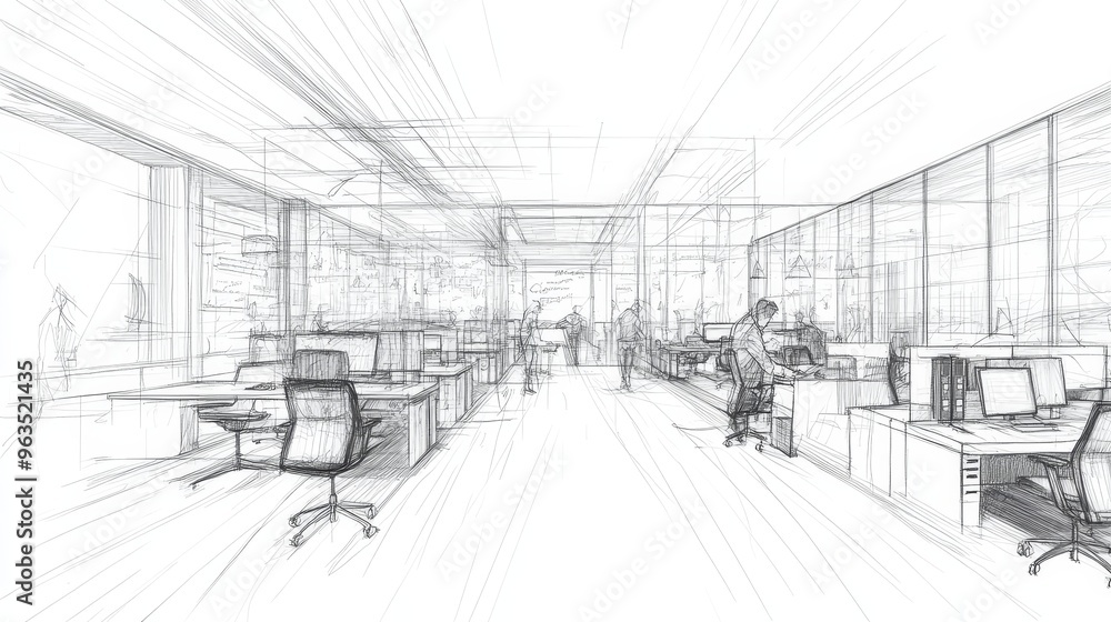 A minimalist pencil sketch depicting a modern open-plan office space ...