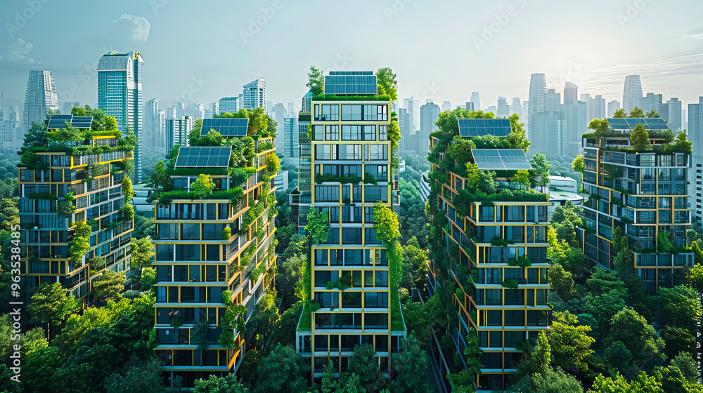 Eco-friendly skyscrapers with integrated solar panels, showcasing ...