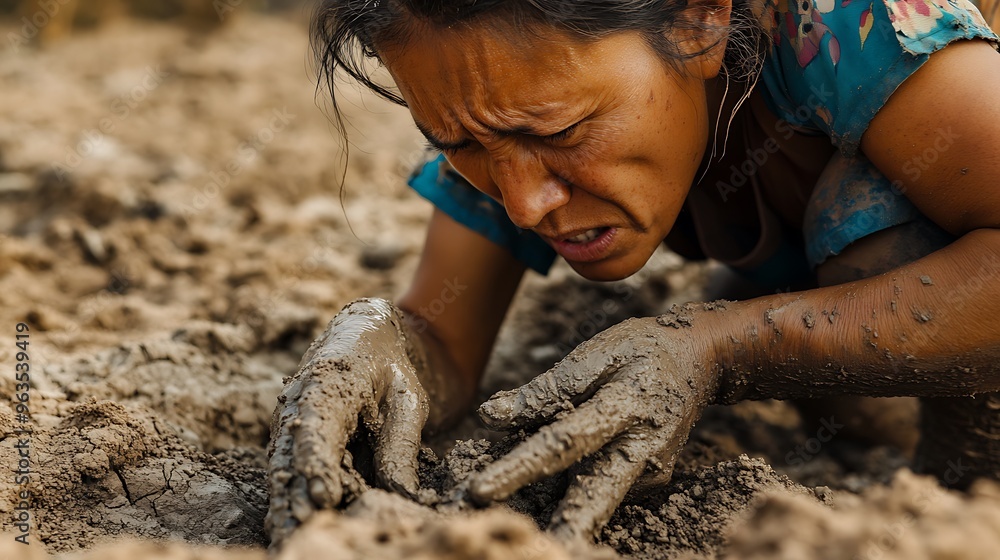 A close-up of a womana??s trembling hands digging into the parched soil ...