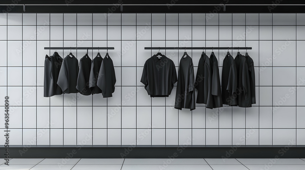 Black and gray dress clothes in modern shop display with white square ...