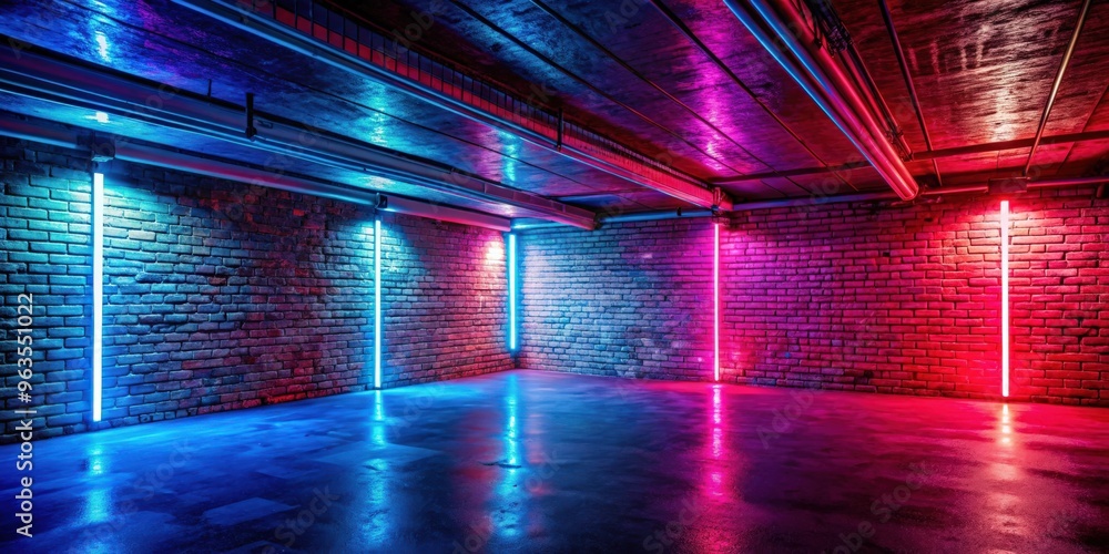 Panorama neon light on bare brick walls with red and blue lighting ...