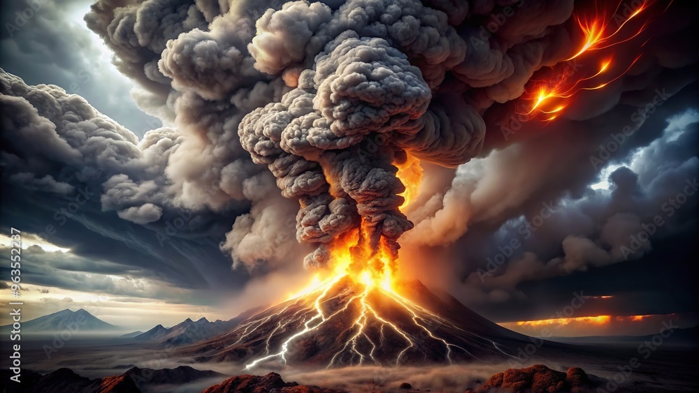 A powerful volcanic eruption sends towering columns of ash into the sky ...