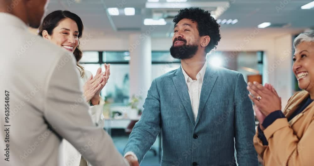 People, hand shake and happy at office with applause for ...