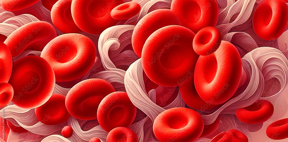 An abstract and stylized illustration of red blood cells. Red blood cells are nucleated ...