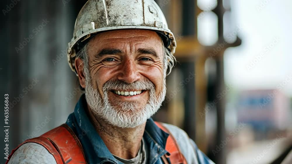 Experienced construction worker smiles during project progress at a ...