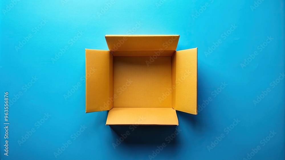 Simple yellow cardboard box on a blue background with an empty interior ...